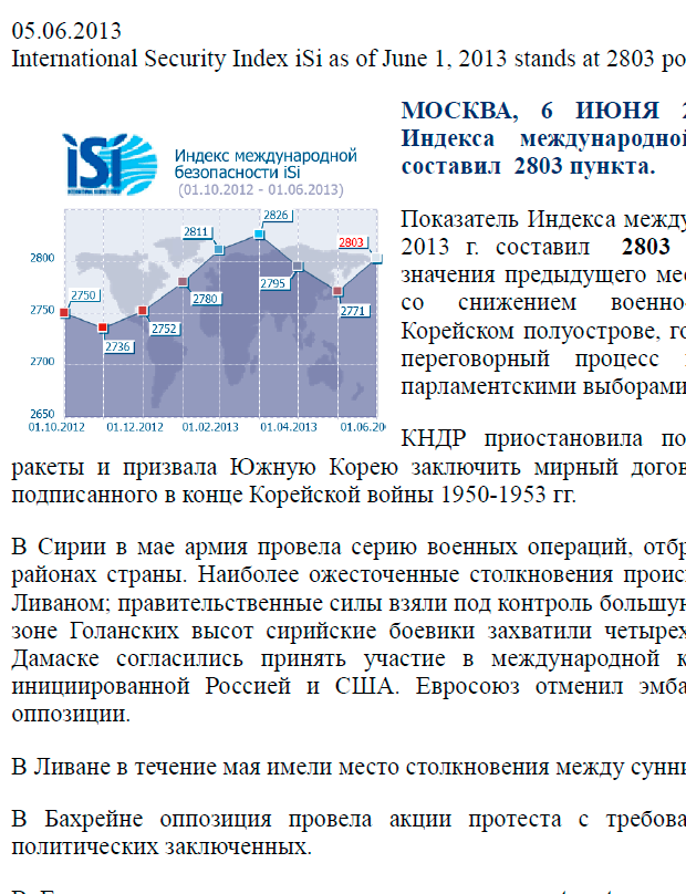 International Security Index iSi as ofJune 1, 2013 stands at 2803 ...